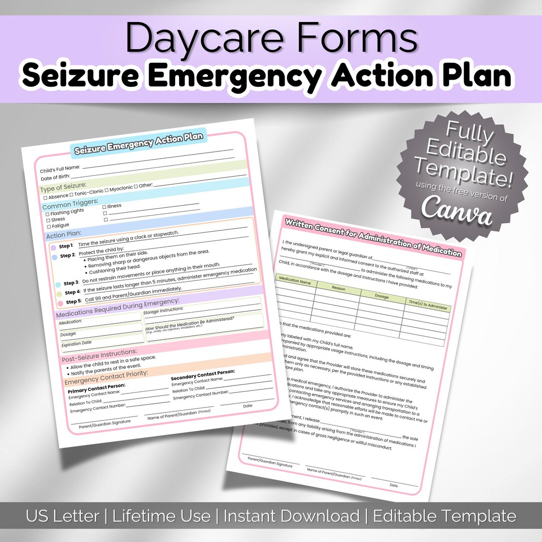 Editable Seizure Emergency Action Plan for Daycare & Preschool ...