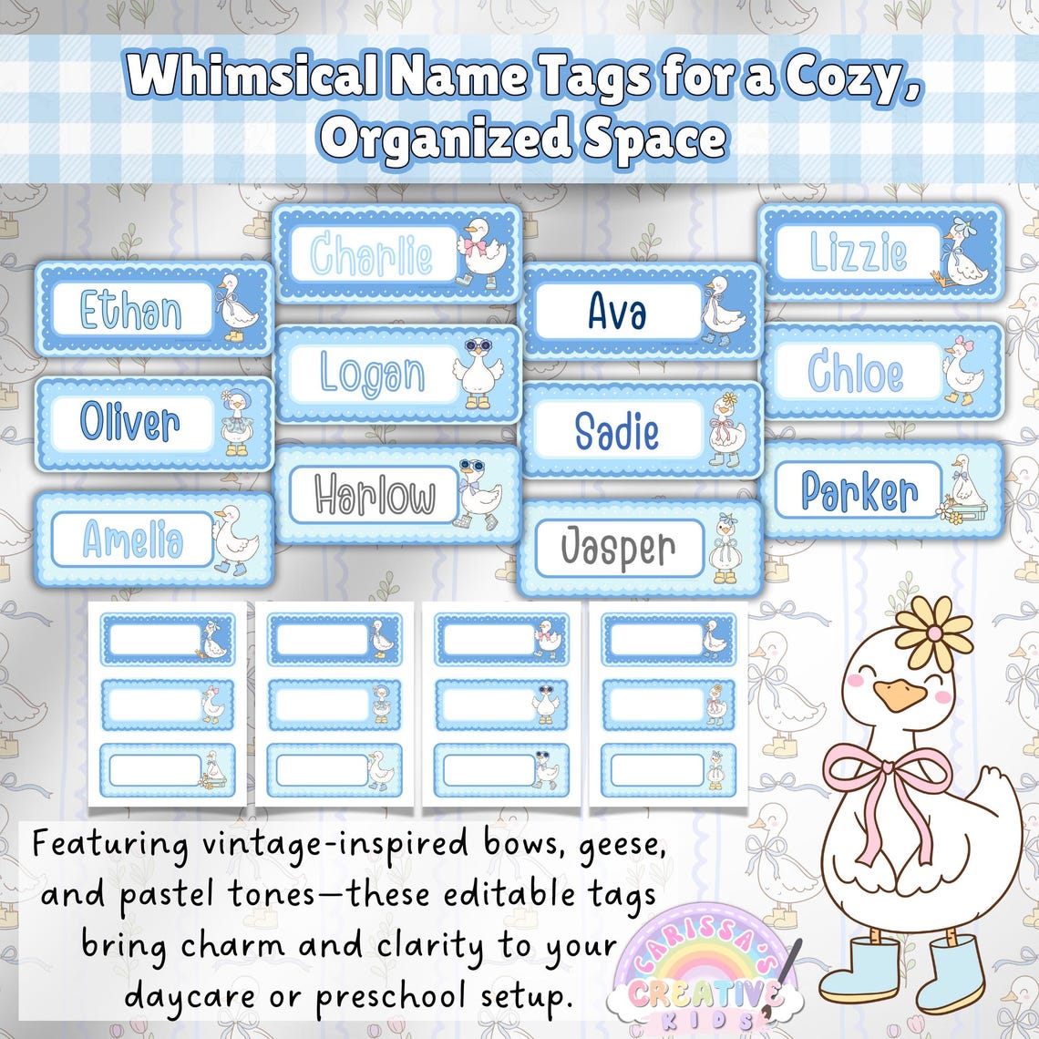 Editable Name Tags | Vintage Blue Gingham Silly Goose Theme | Daycare ...