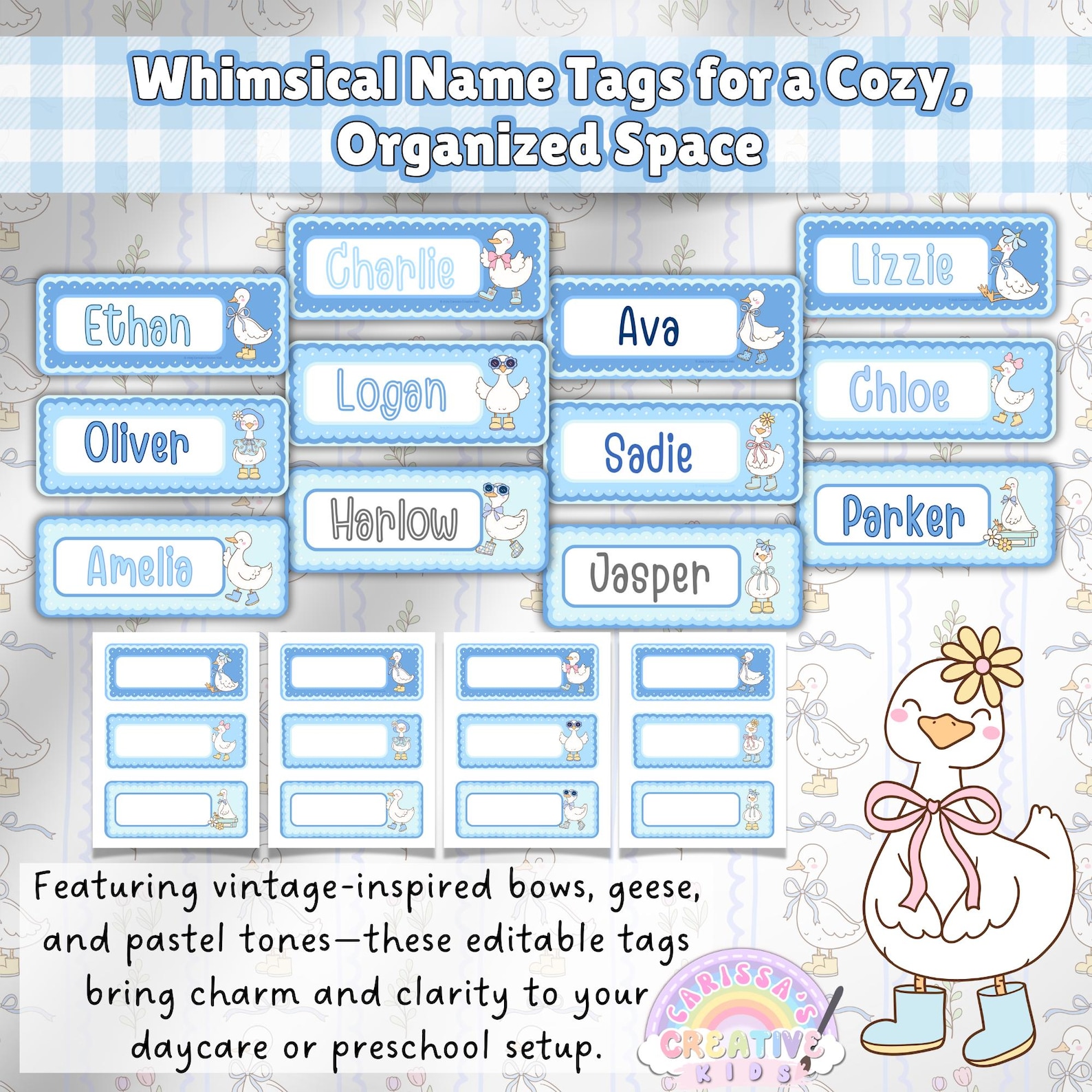 Editable Name Tags | Vintage Blue Gingham Silly Goose Theme | Daycare ...