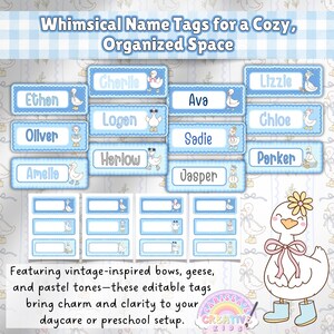 Editable Name Tags | Vintage Blue Gingham Silly Goose Theme | Daycare ...