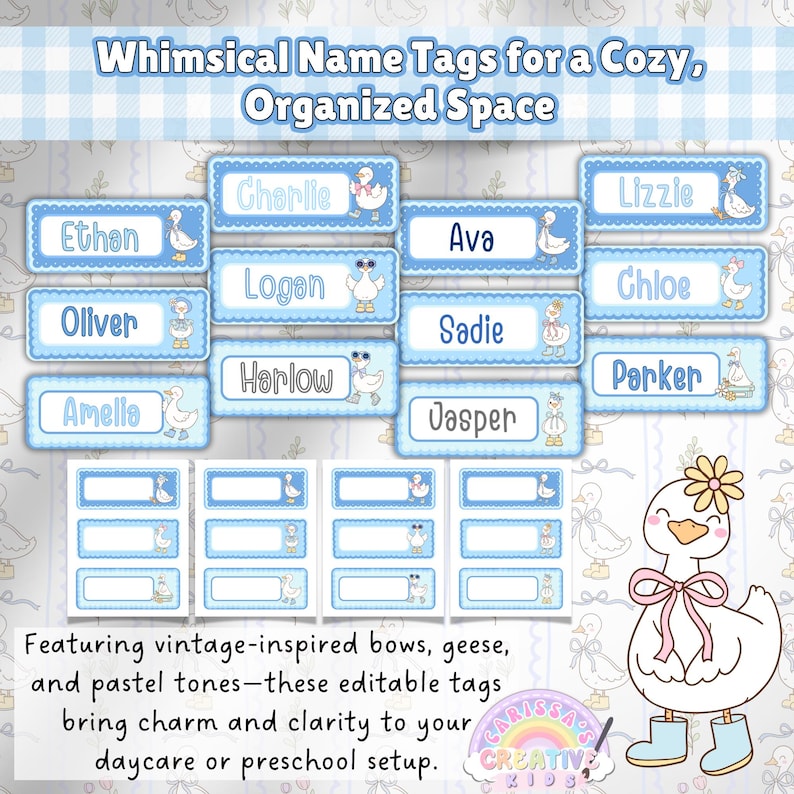 Editable Name Tags | Vintage Blue Gingham Silly Goose Theme | Daycare ...