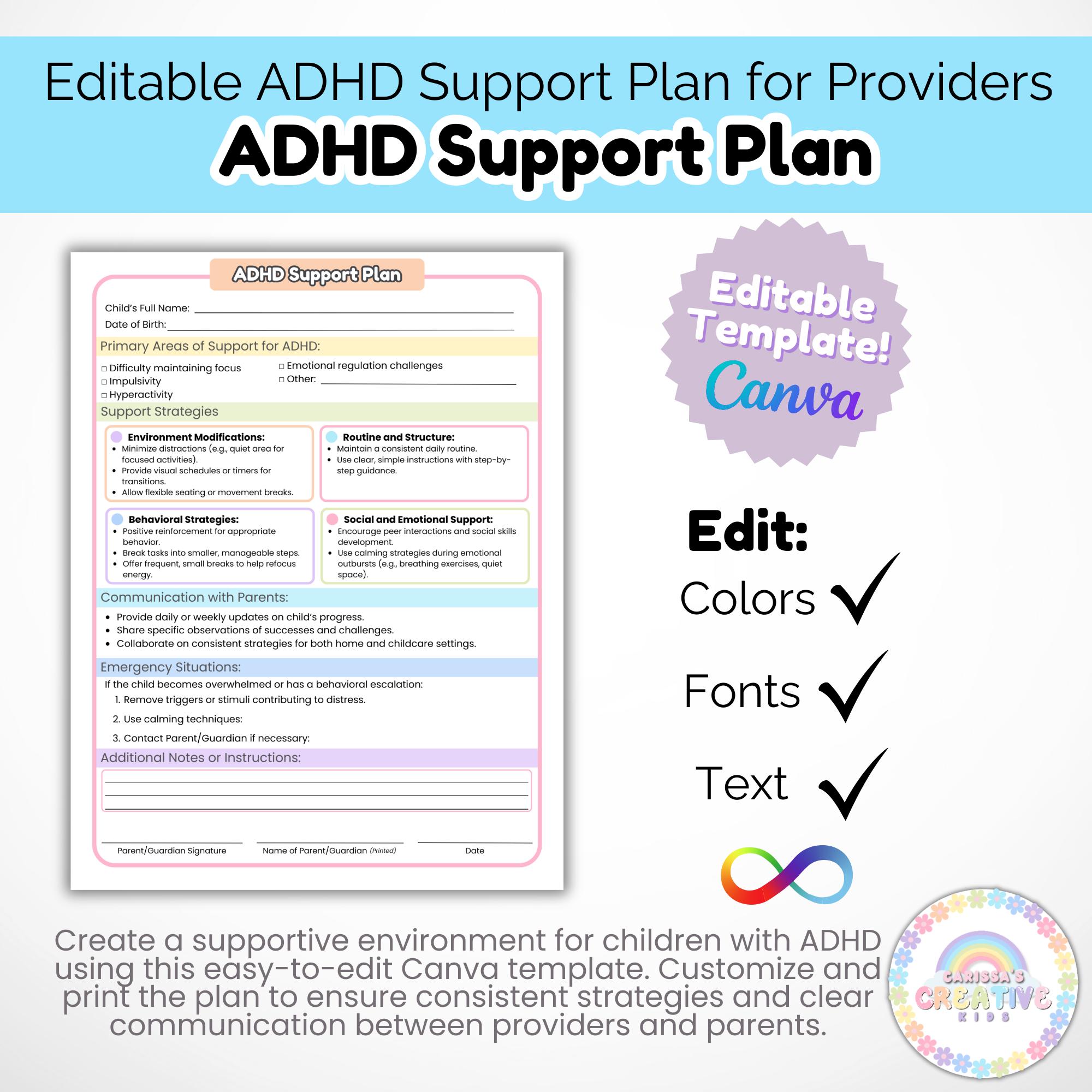 ADHD Support Plan for Daycare Editable Template | Preschool Emotional ...