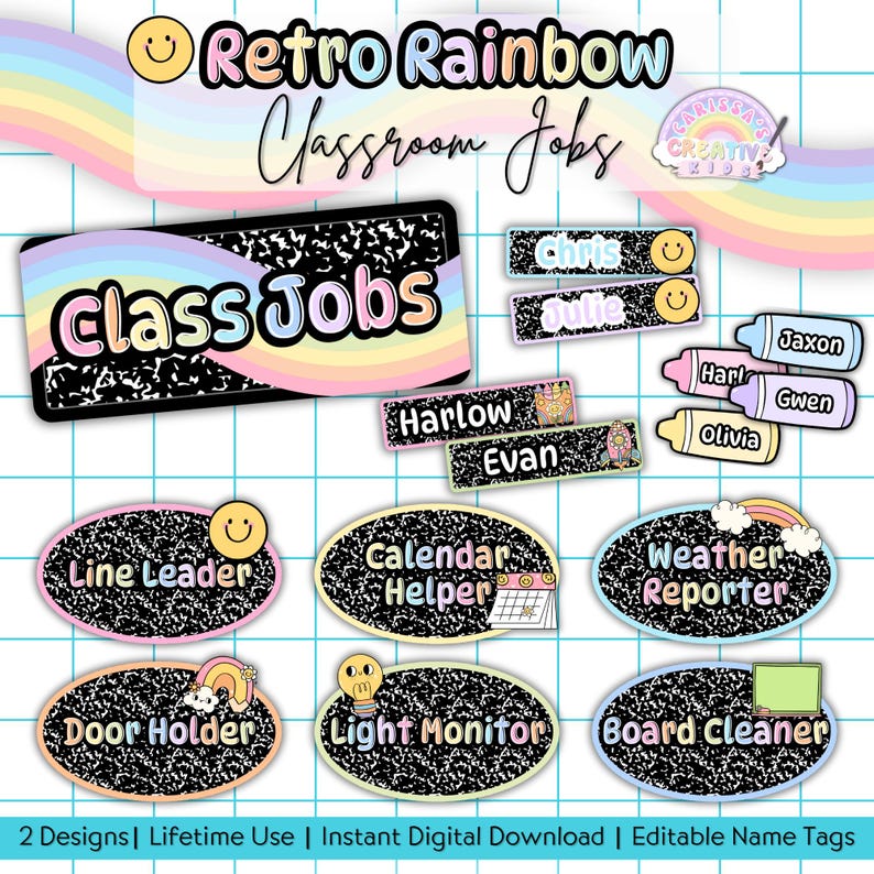 Pastel Groovy Rainbow Classroom Job Display Posters | Elementary ...