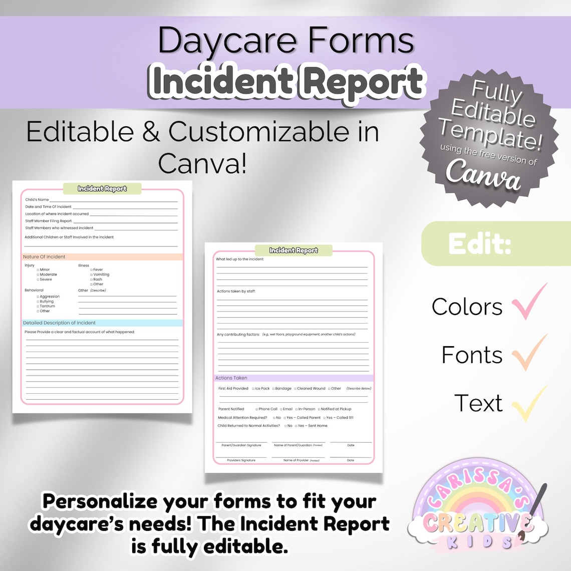 Incident Report Home Daycare Forms | Editable Template Format | Toddler ...