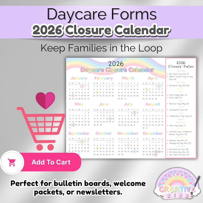Editable 2026 Daycare Closure Calendar Template | One Page PDF ...