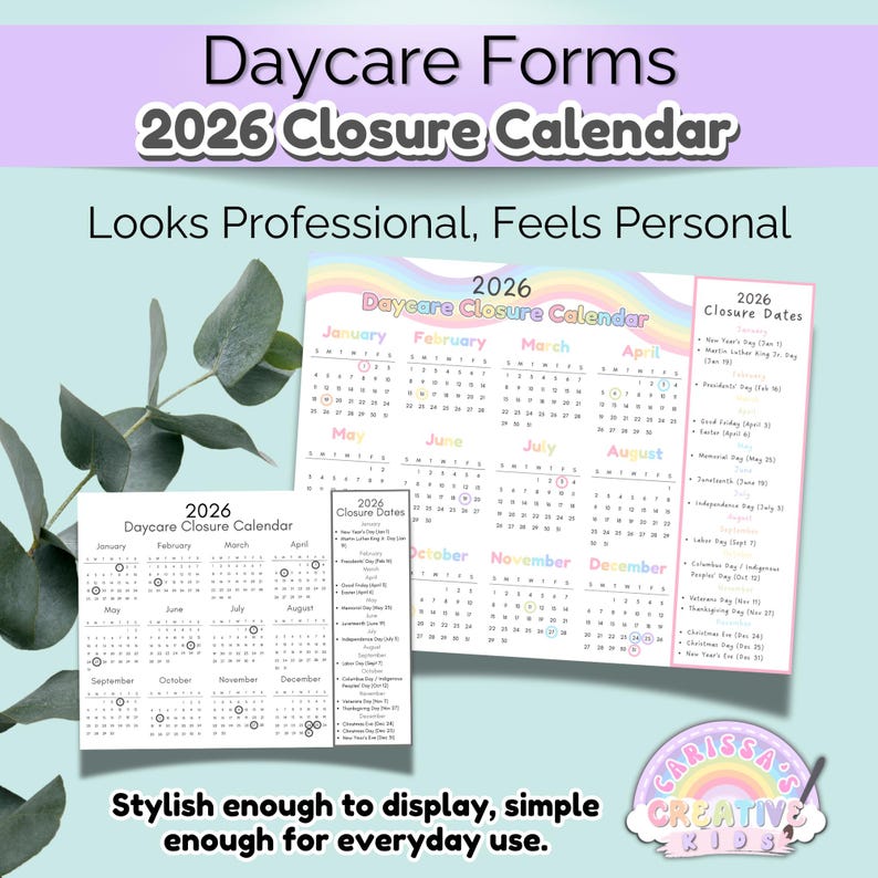 Editable 2026 Daycare Closure Calendar Template | One Page PDF ...
