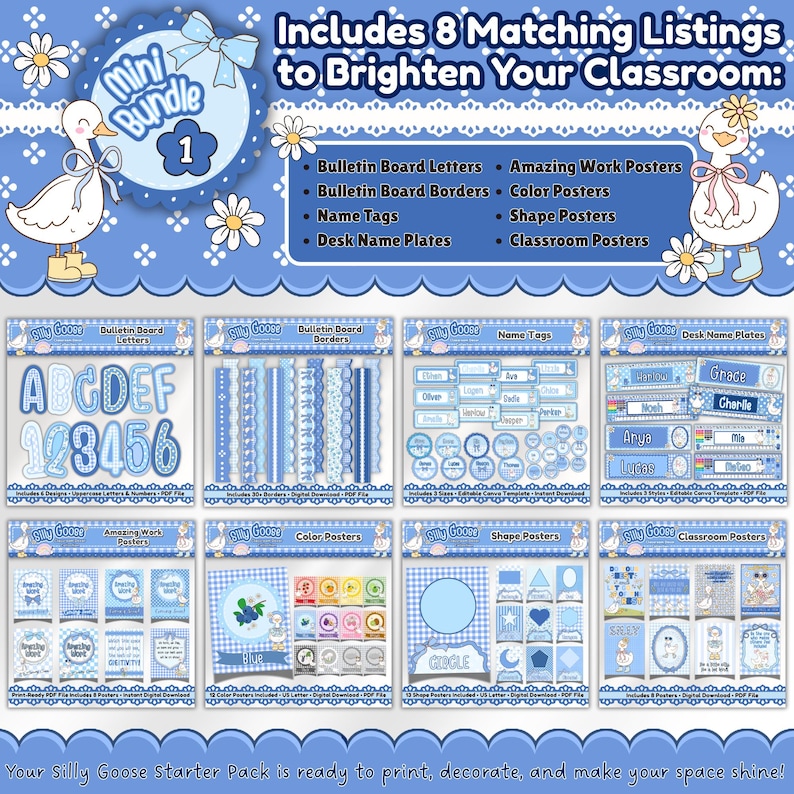 Silly Goose Classroom Decor Bundle | Printable Blue Gingham Decor for ...