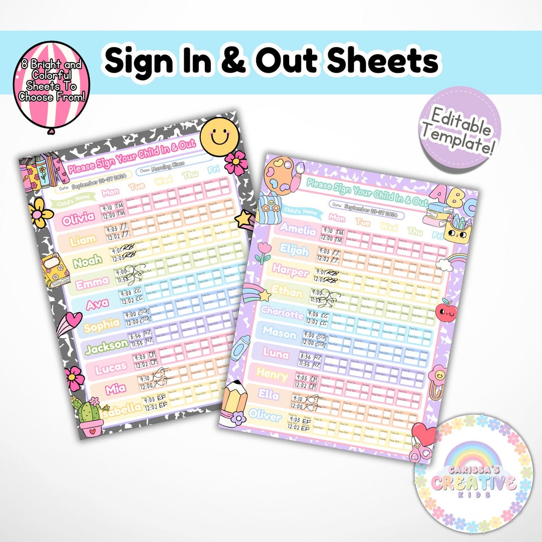 Daycare Sign in Sheets Child Attendance Sign in and Out Club Sign in ...