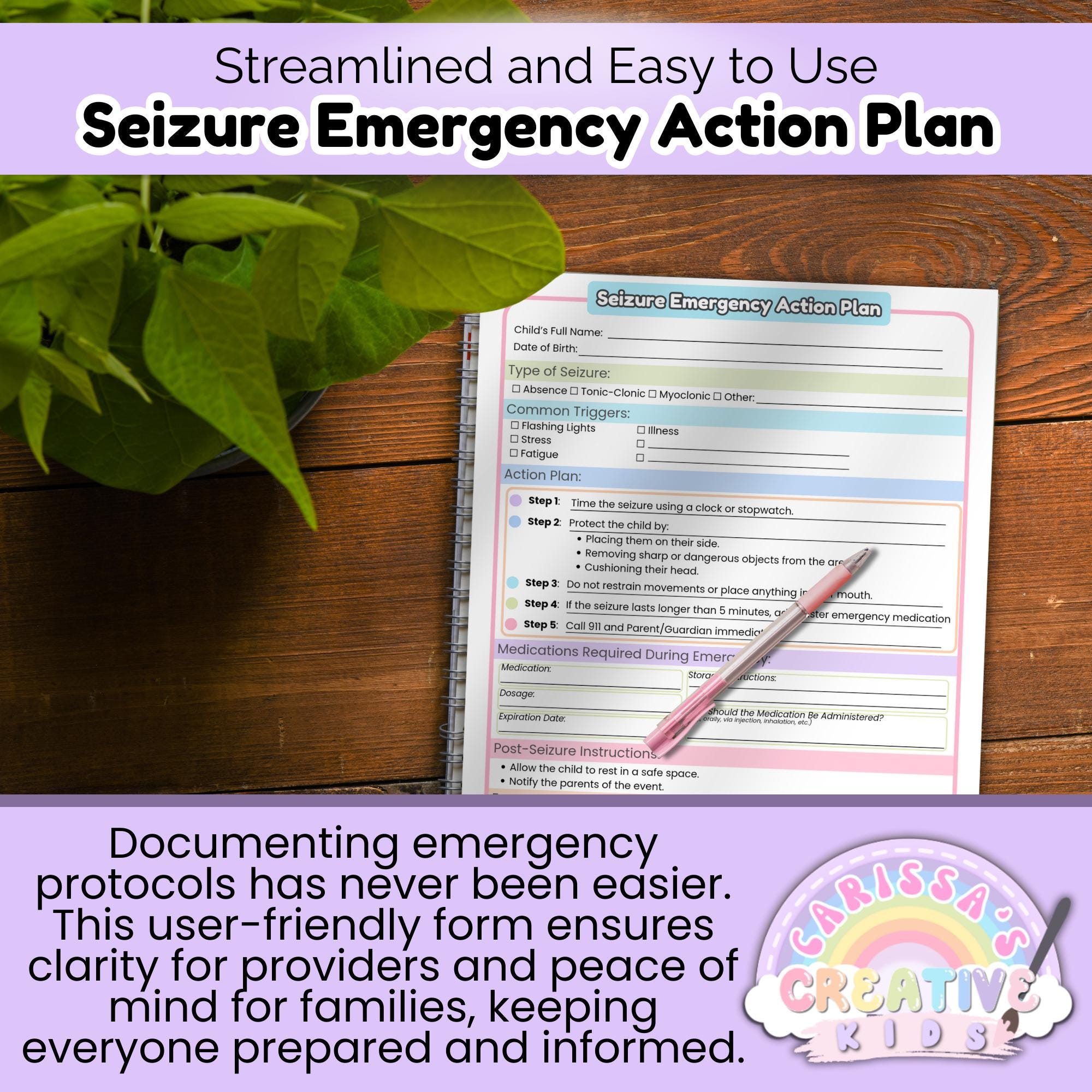 Editable Seizure Emergency Action Plan for Daycare & Preschool ...