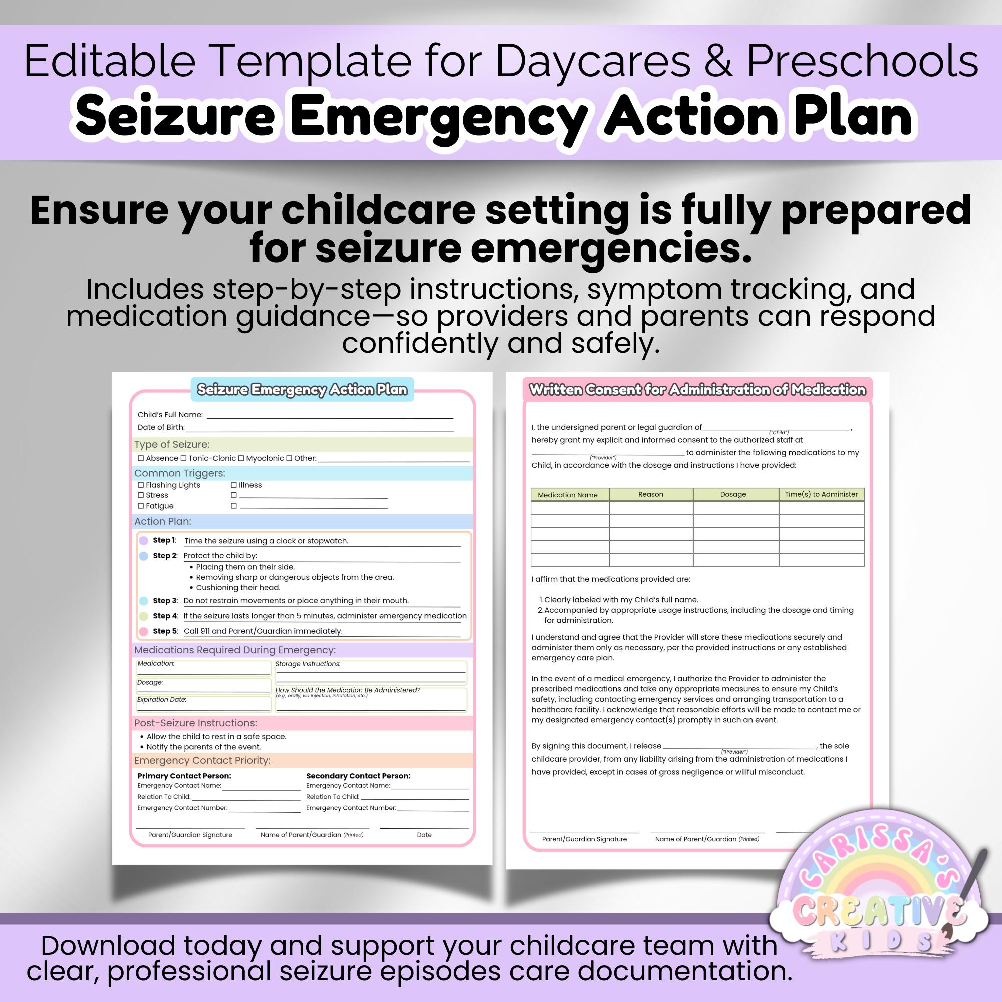 Editable Seizure Emergency Action Plan for Daycare & Preschool ...