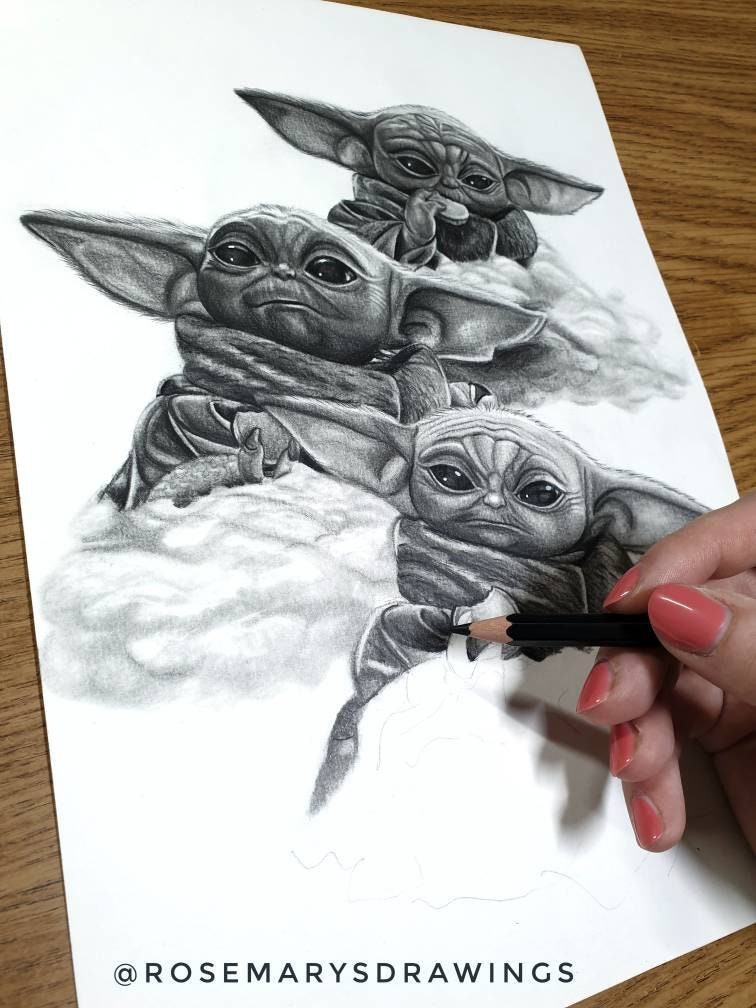 Grogu Graphite Pencil Drawing Baby Yoda the Mandalorian Fan Art Star ...