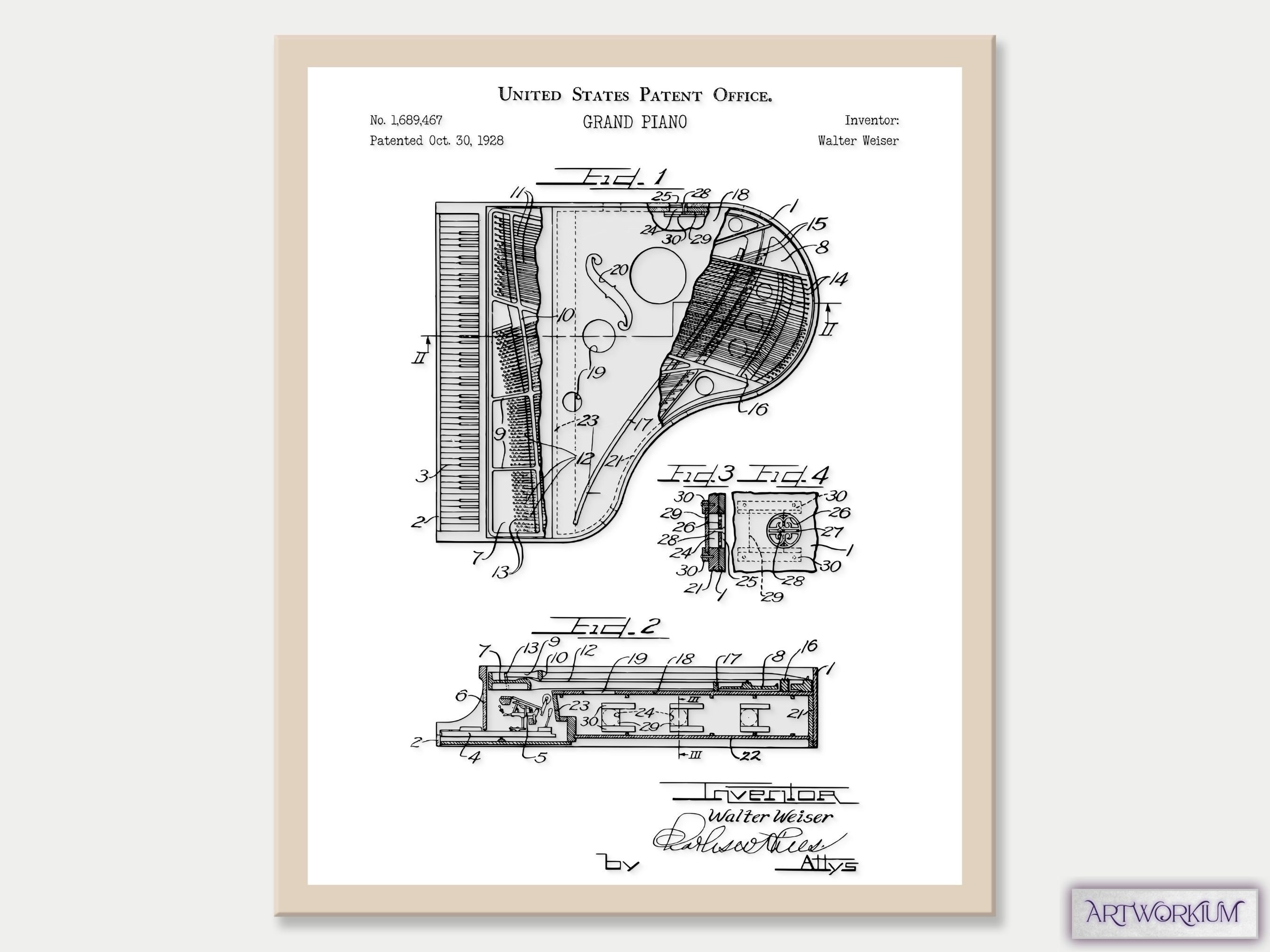 Set of 6 Piano Patent Prints white Version Orchestra Grand Piano ...