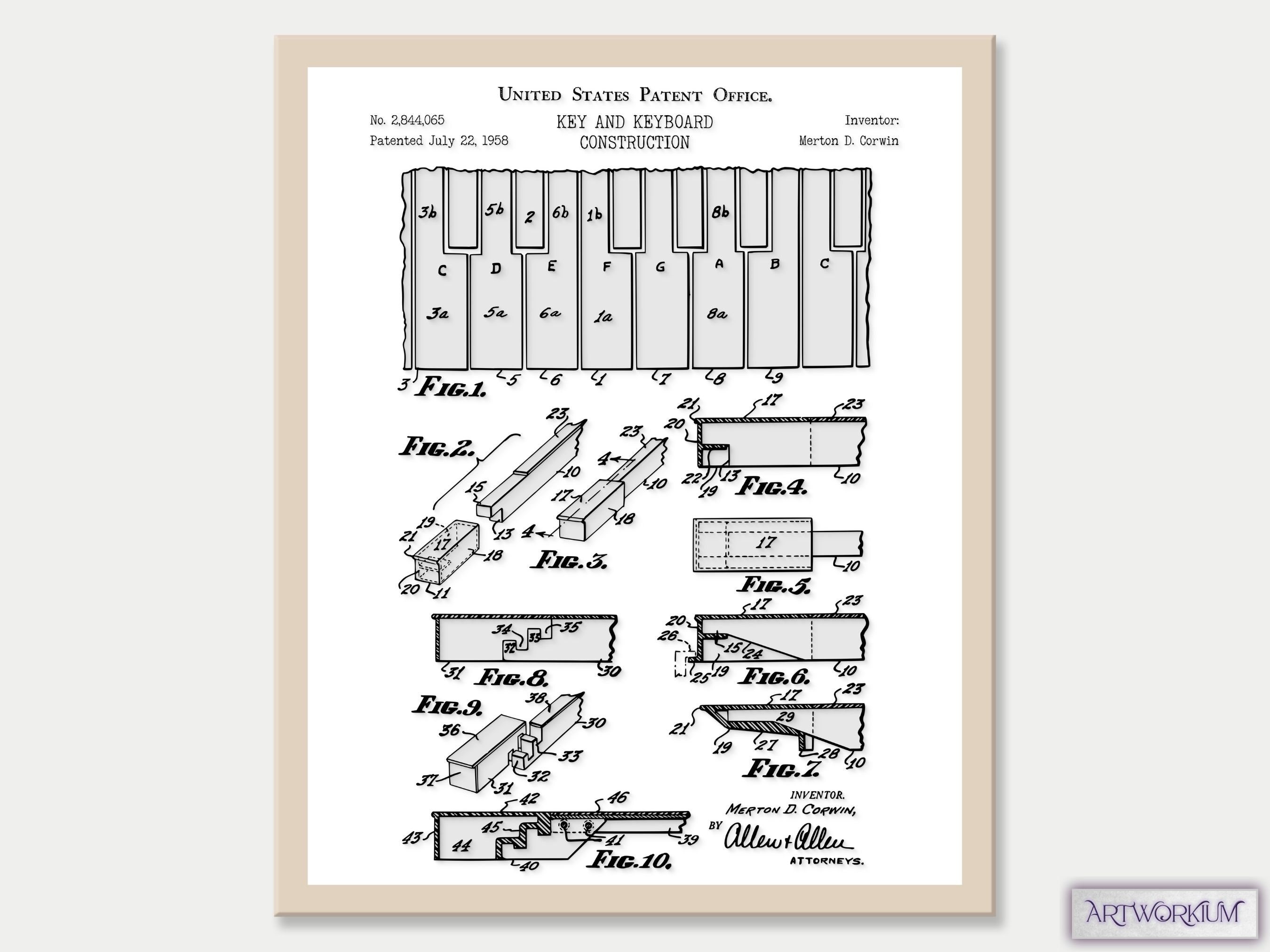 Set of 6 Piano Patent Prints white Version Orchestra Grand Piano ...