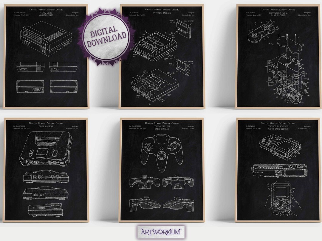 Retro Video Games Console Set of 6 Patent Prints [vol. 1 - Chalkboard ...