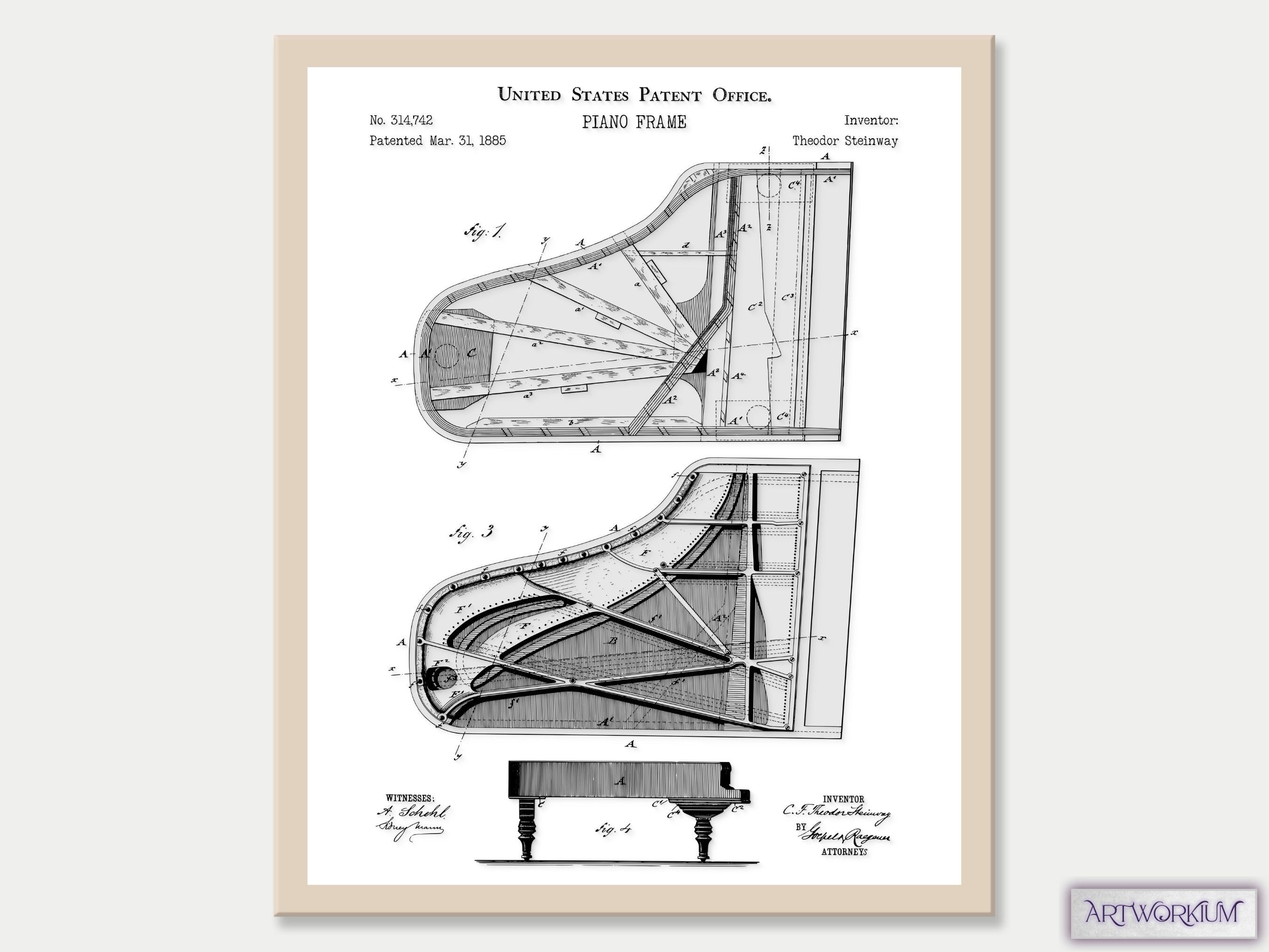 Set of 6 Piano Patent Prints white Version Orchestra Grand Piano ...