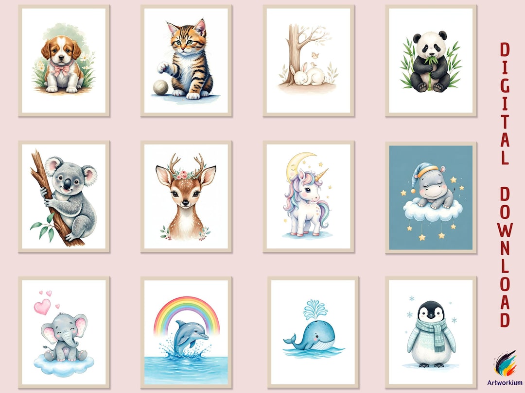 Printable Animal Nursery Prints | 12 Digital Wall Art Bundle for Baby ...