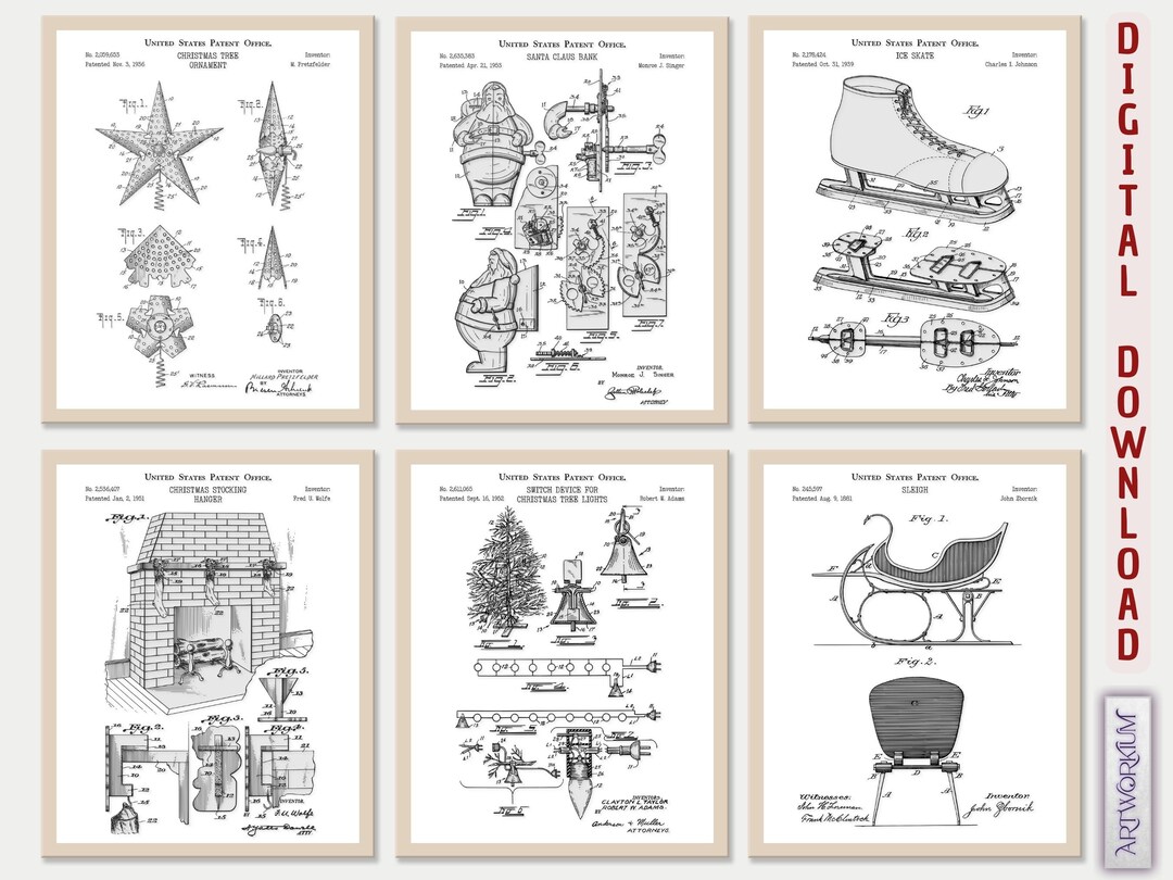 Christmas Patent Art Prints: Vintage Holiday Decor [volume 2 - White ...