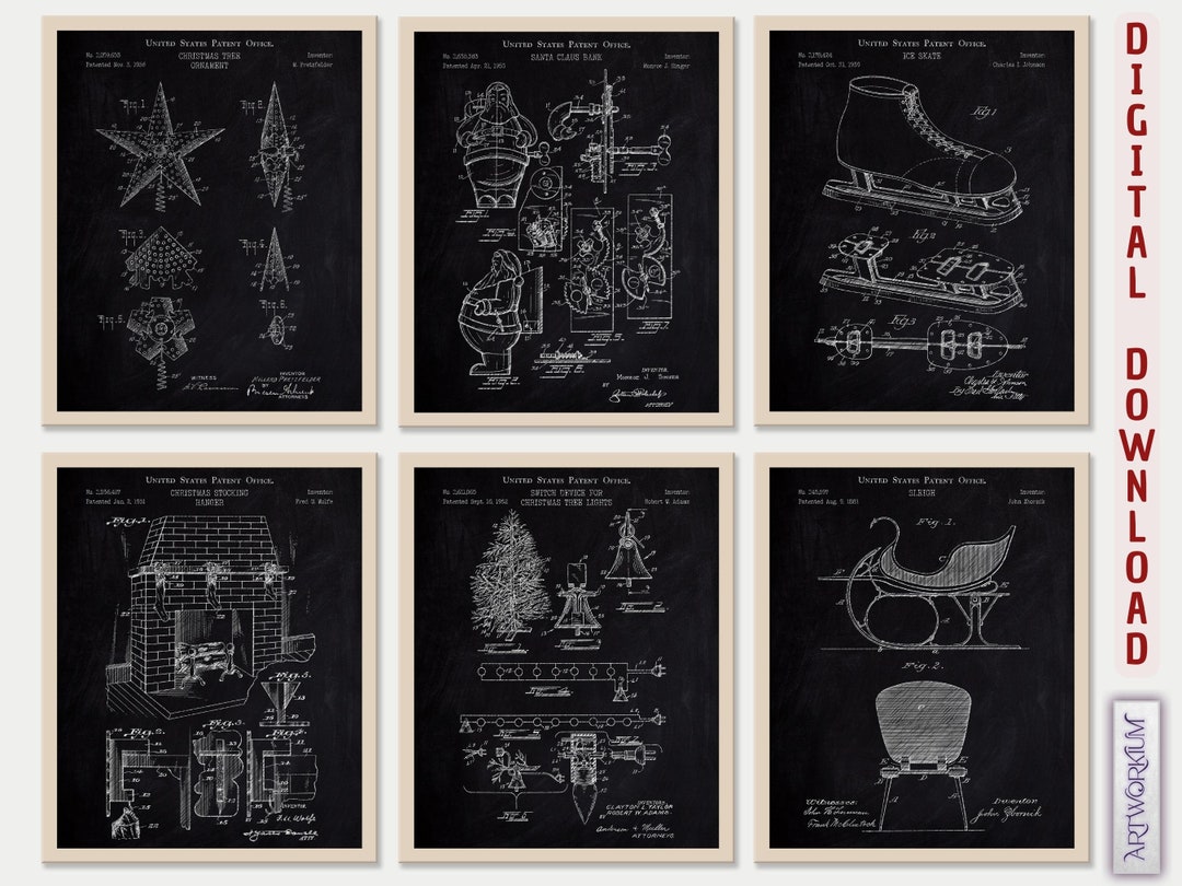 Set of 6 Christmas Patent Prints vol. 2 Black Chalkboard Christmas Art ...