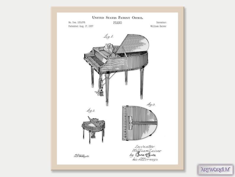 Piano Patent Art Prints (set of 6) - Musician Gift (instant Download ...