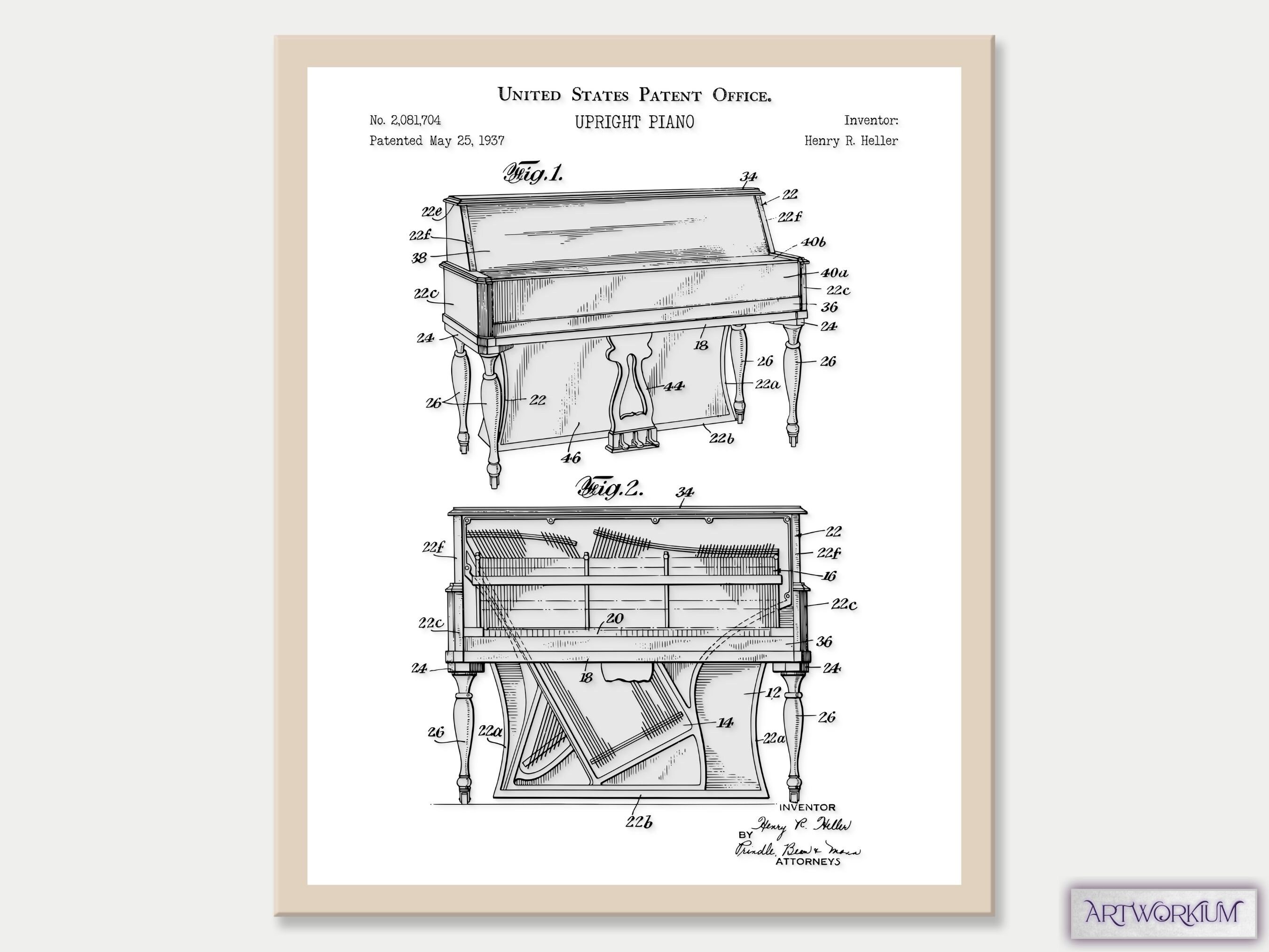 Set of 6 Piano Patent Prints white Version Orchestra Grand Piano ...