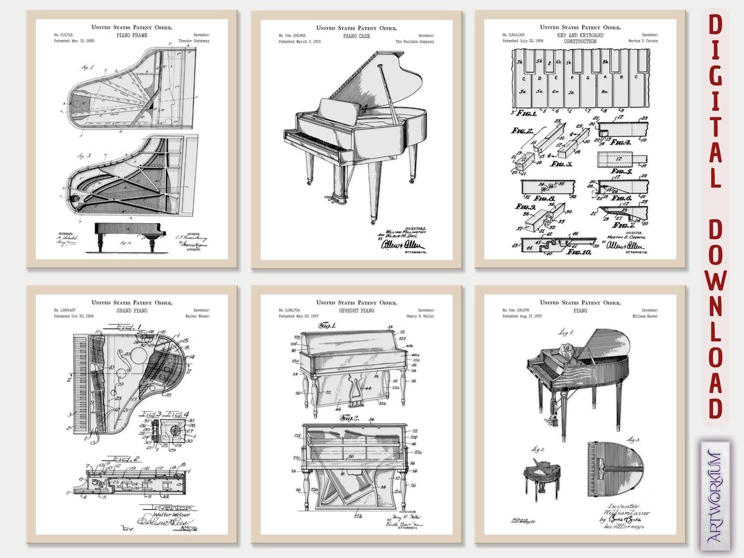 Set of 6 Piano Patent Prints [white Version] Orchestra Grand Piano ...
