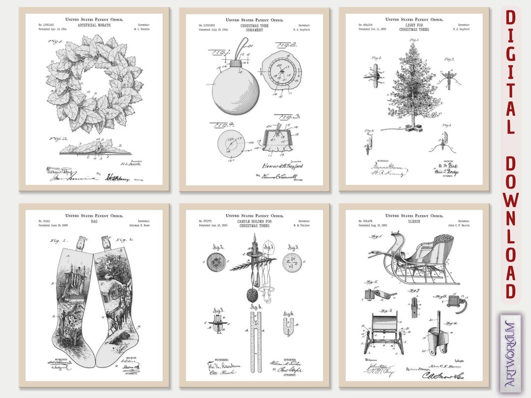 Set of 6 Christmas Patent Prints vol. 1 White Version Christmas Art ...