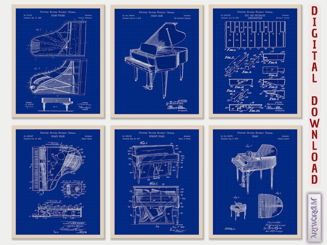 Set of 6 Piano Patent Prints blueprint Orchestra Grand Piano Musician ...