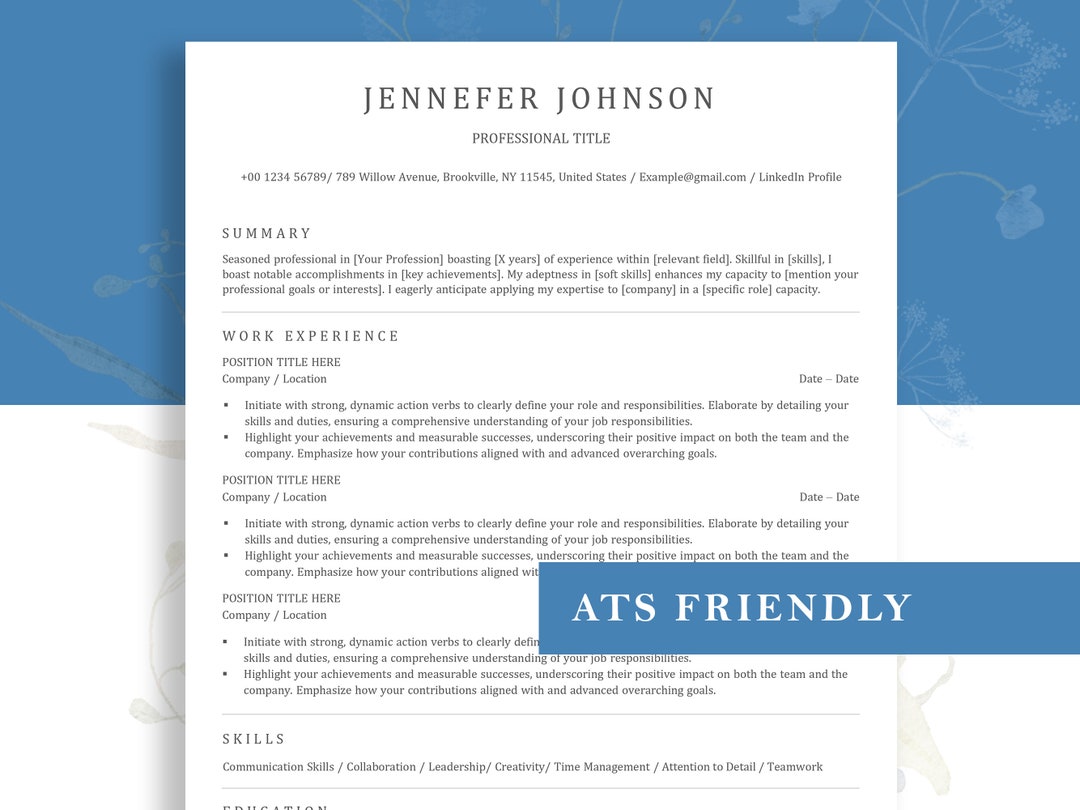 ATS Friendly Resume, Resume Template Word, Google Docs Resume, Creative ...