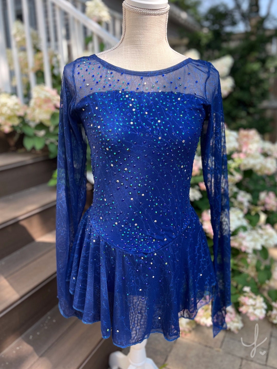 Custom Competition Figure Skating Dress, Long Sleeve Navy Blue Ice ...