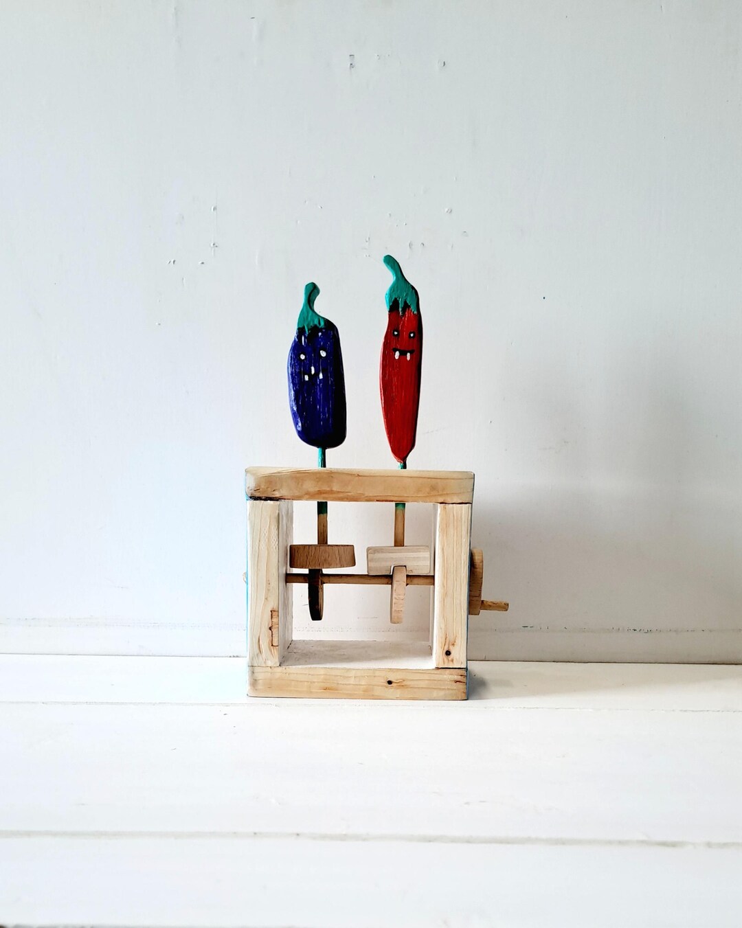 Small Wooden Automaton With Eggplant and Chili Pepper, Handmade Kinetic ...