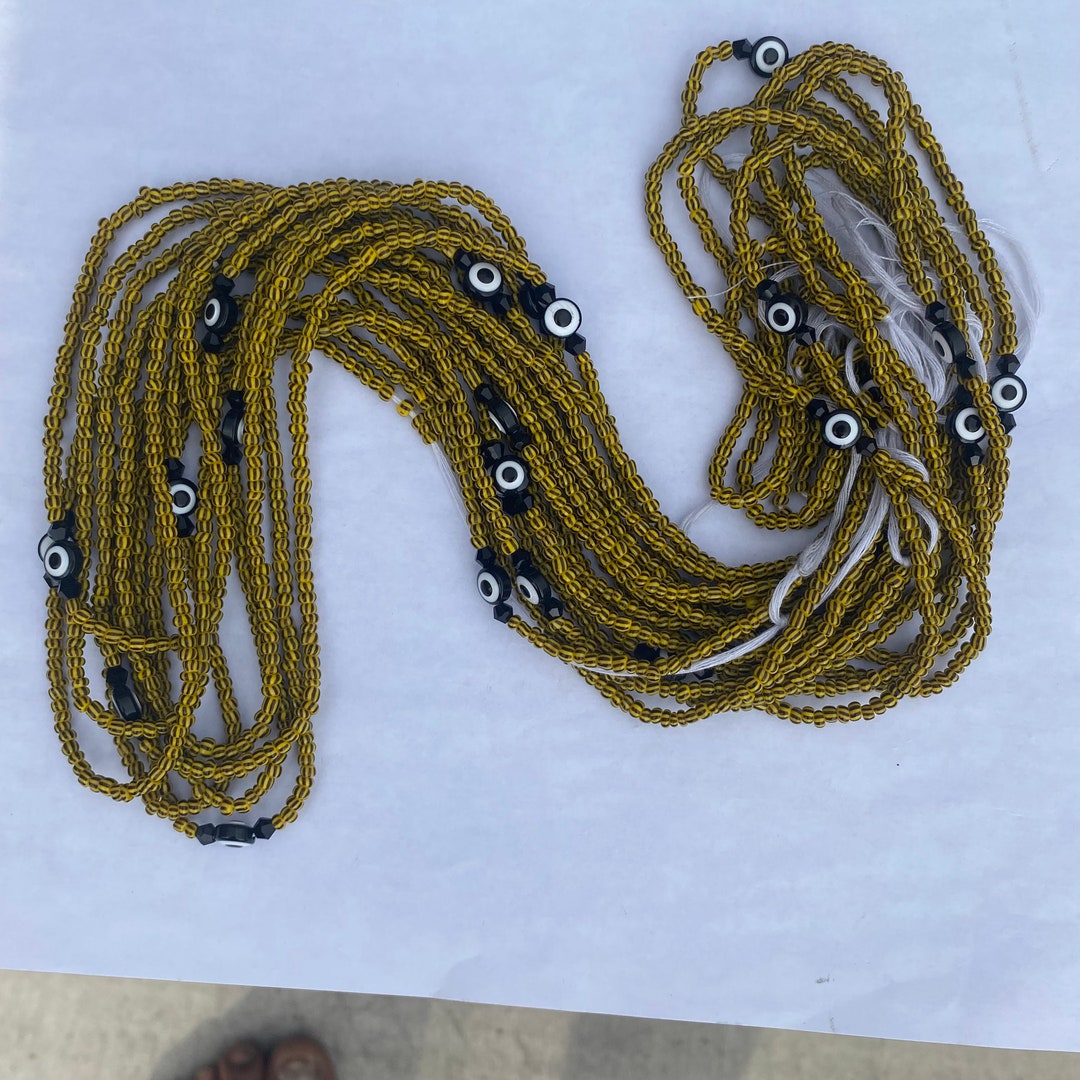 Yellow Seed Bead Waist Beads: Black Evil Eye Tie-on Belly Chain - Etsy