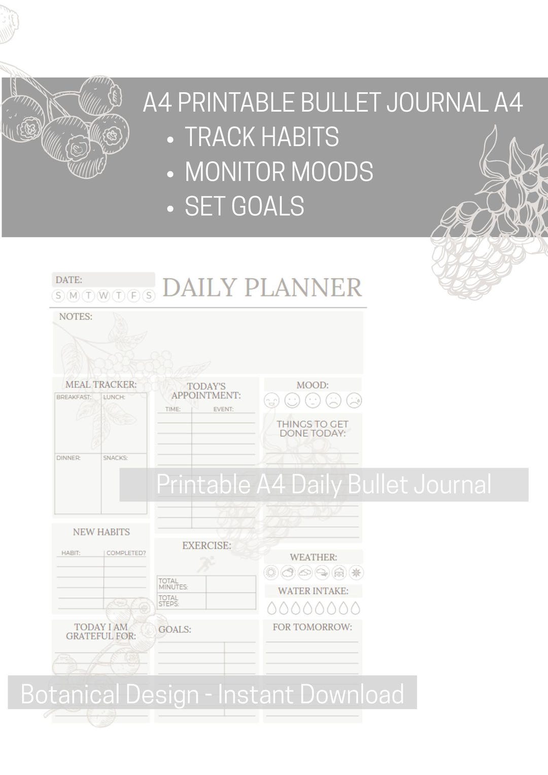 Daily Planner Printable PDF | A4 Double-sided | Minimal Botanical ...
