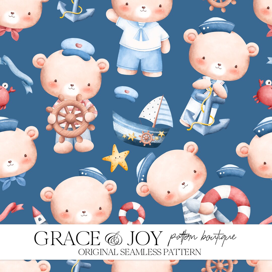 Sea Captain Bear Seamless Pattern - Commercial Use, Digital Download ...