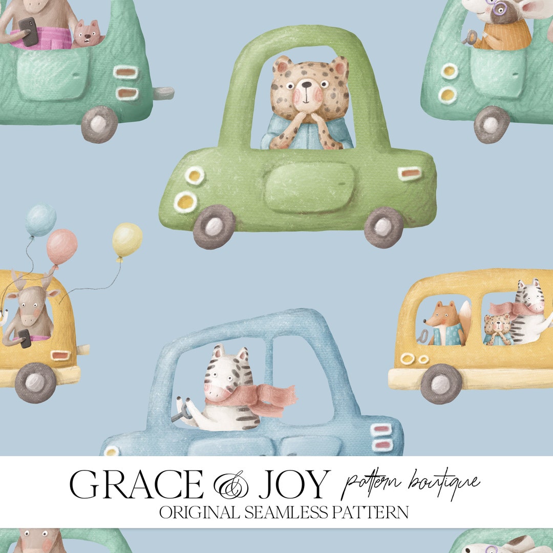 Cute Zoo Creatures in Cars, Zebra, Elk, Leopard, Moose Seamless Pattern ...