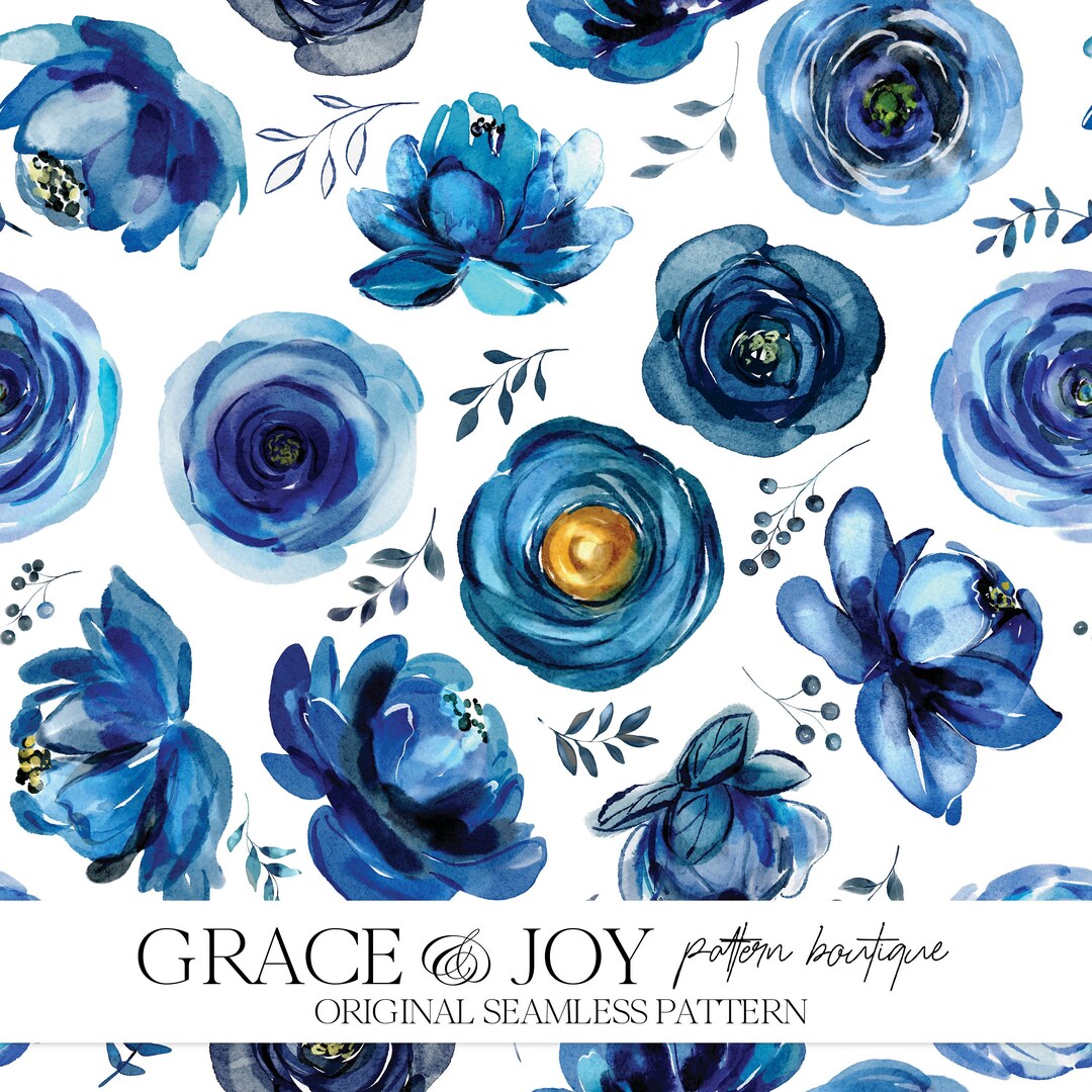 Royal Blue Boho Vintage Floral Seamless Pattern - Bold Floral, Digital ...