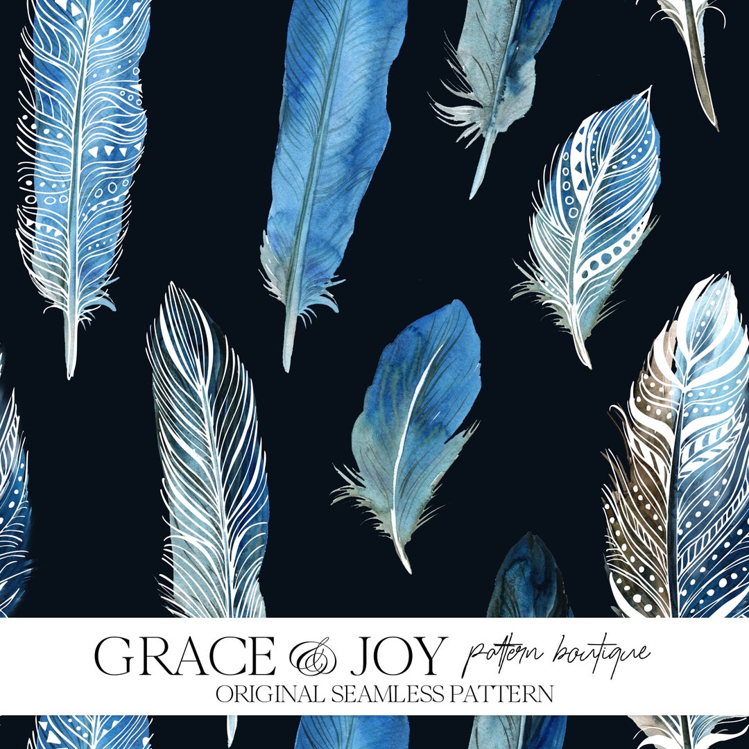 Indigenous Feathers Blue Dark Azure Indigo Seamless Pattern - Tribal ...