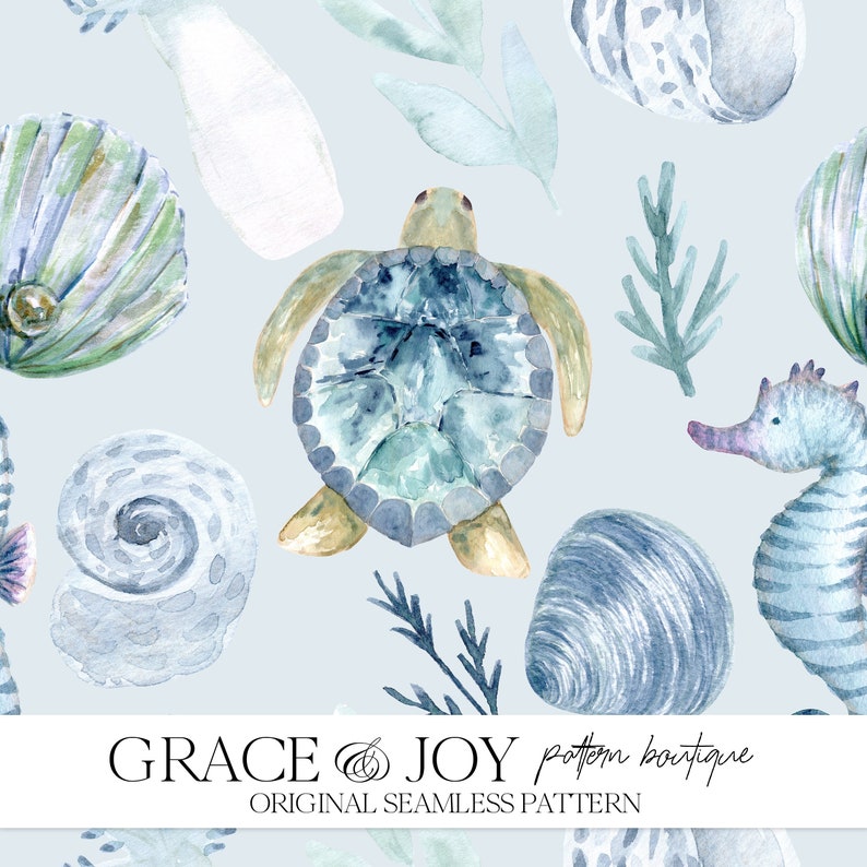 Watercolor Blue Sea Creatures Seamless Pattern Oceanic Art, Print on ...