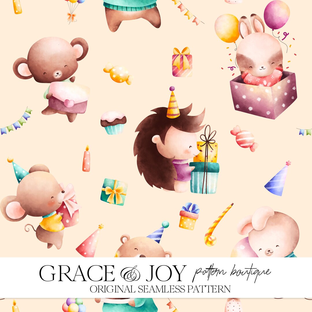 Cute Baby Animal Birthday Party Seamless Pattern, Commercial Use ...