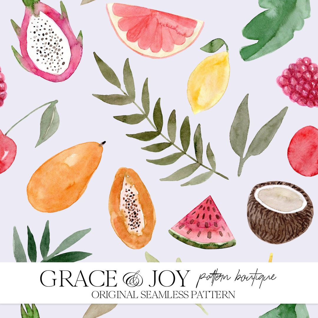 Tropical Fruit Coconut Melon Banana Dragon Fruit Seamless Pattern ...