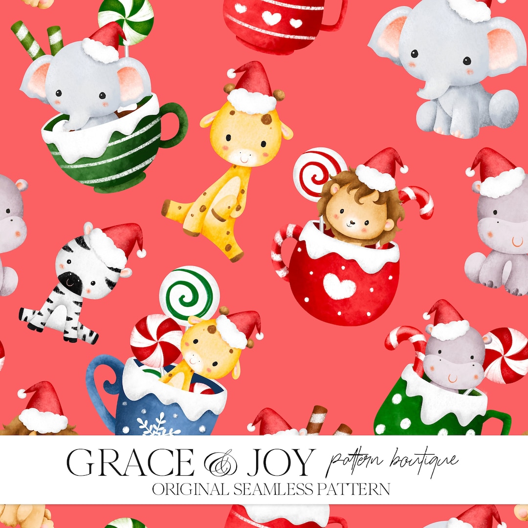 Safari Animals Christmas Seamless Pattern - Lion Cub, Elephant, Giraffe ...
