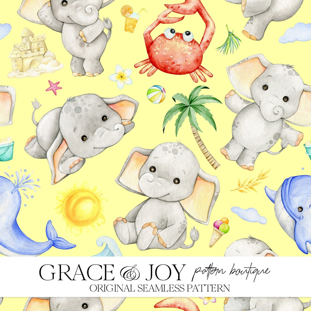 Cute Elephant on the Beach Seamless Pattern - Summer, Safari, Playful ...