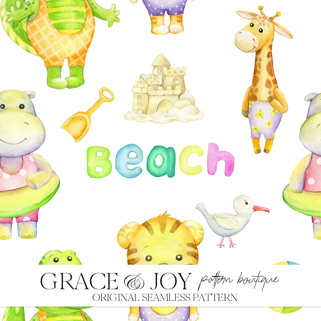 Cute Beach Animals With Sand Castle, Tiger, Hippo, Giraffe, Crocodile ...