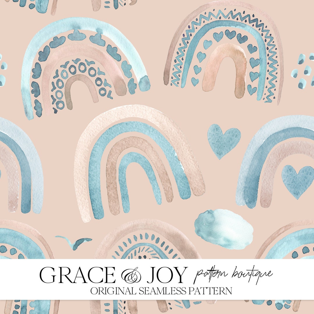 Blue Beige Boho Rainbow Seamless Pattern - Commercial Use, Digital ...