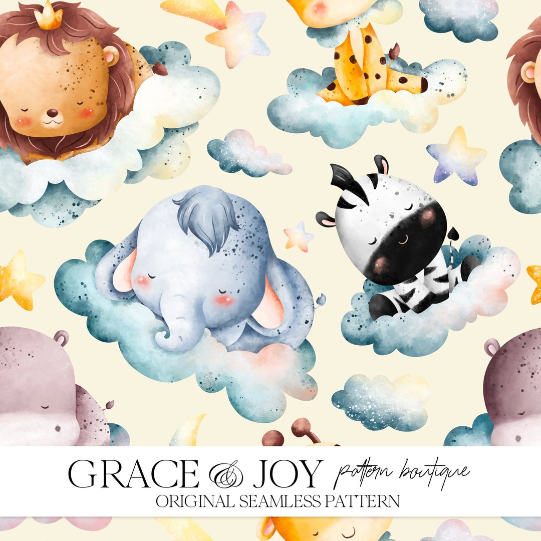 Baby Zoo Animals Sleeping Cloud Seamless Pattern, Commercial Use ...