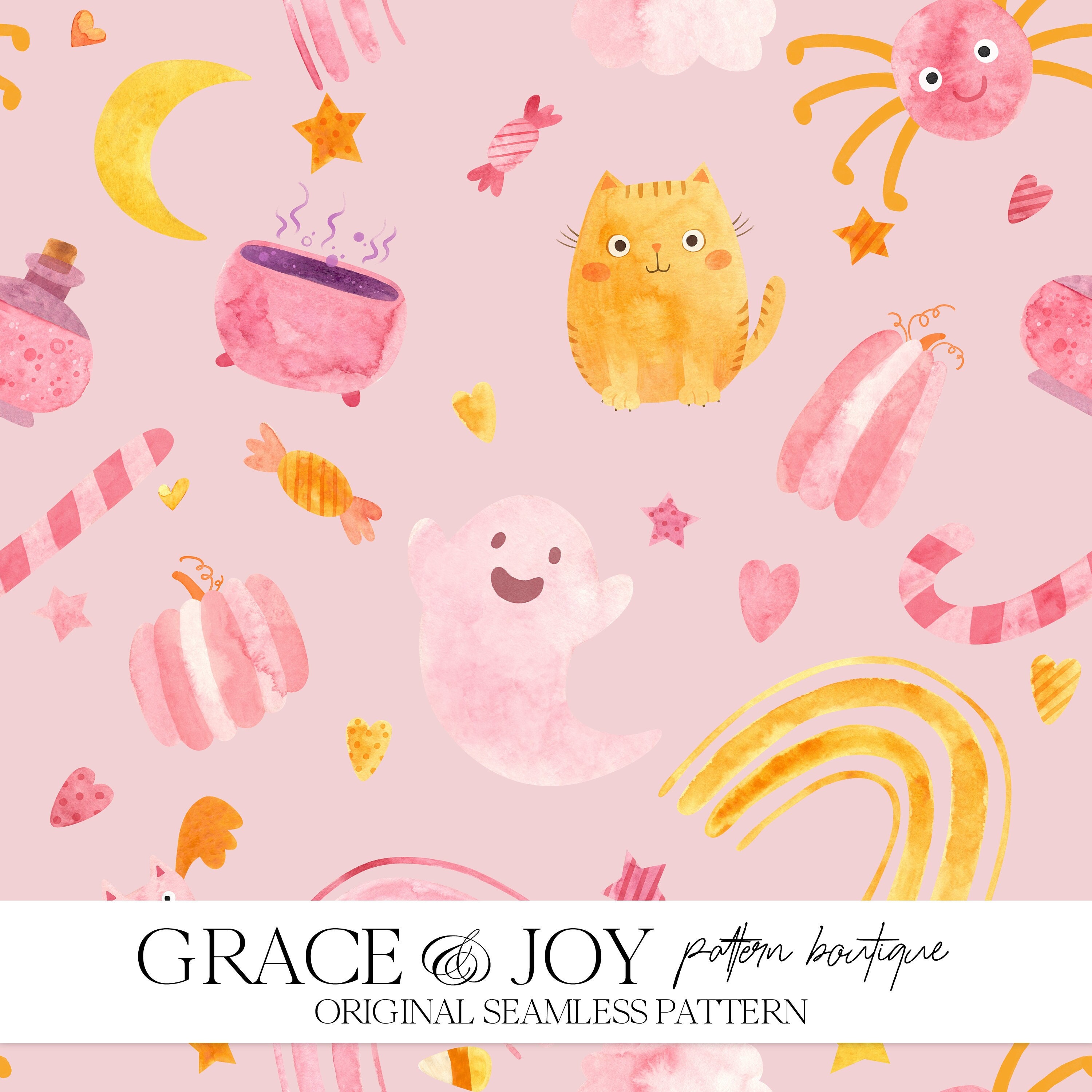 Pink Halloween Seamless Pattern - Spooky, Ghost, Pumpkin, Trick or ...