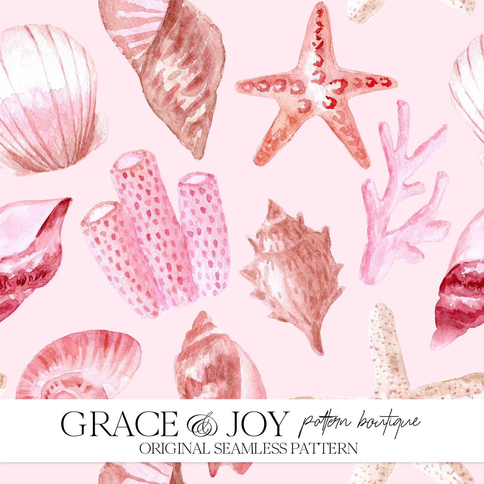 Watercolor Pink Sea Creatures Seamless Pattern | Commercial Use ...