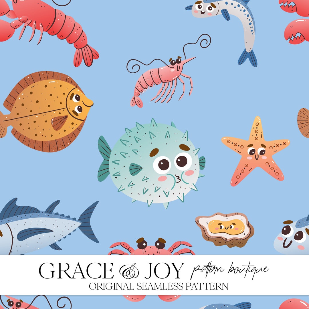 Cute Sea Creatures - Crab, Shrimp, Lobster, Blowfish, Oyster, Starfish ...