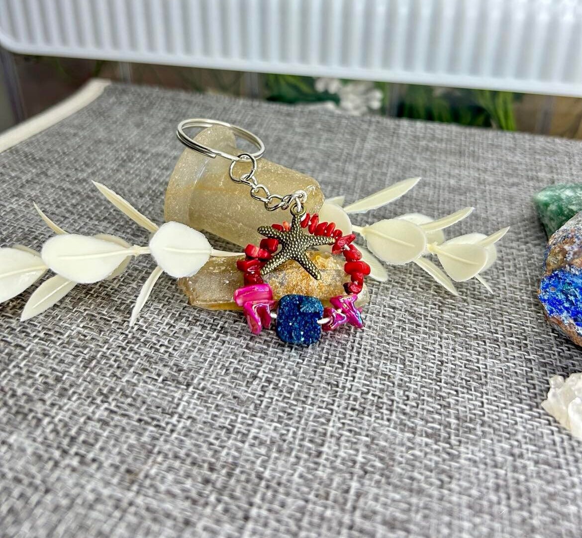 Keychain Natural Red Coral/pink Shell With A Druzy Quartz Crystal ...