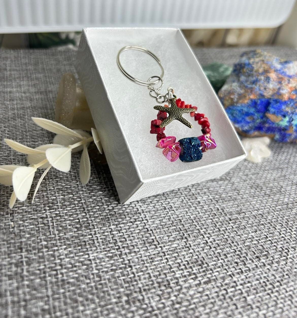 Keychain Natural Red Coral/pink Shell With A Druzy Quartz Crystal ...