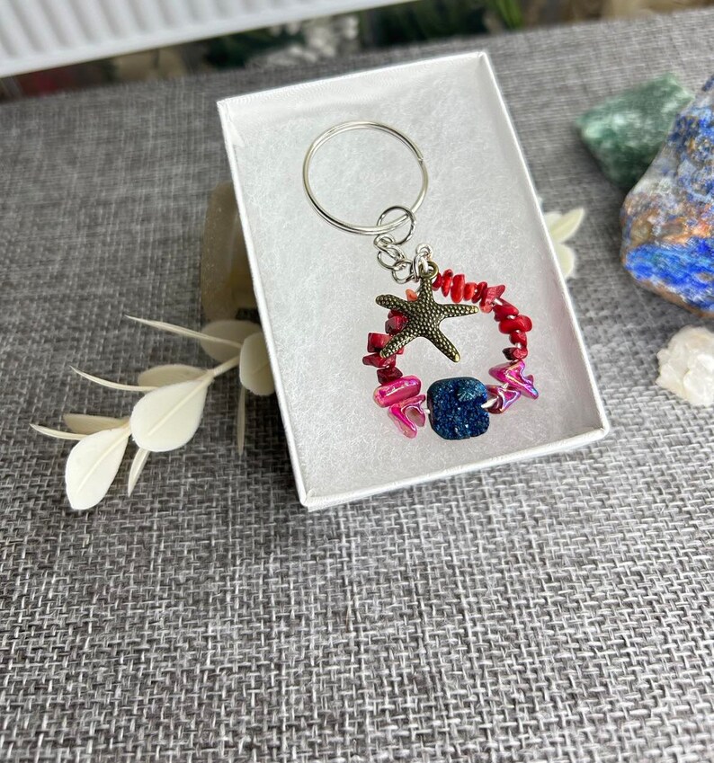 Keychain Natural Red Coral/pink Shell With A Druzy Quartz Crystal ...